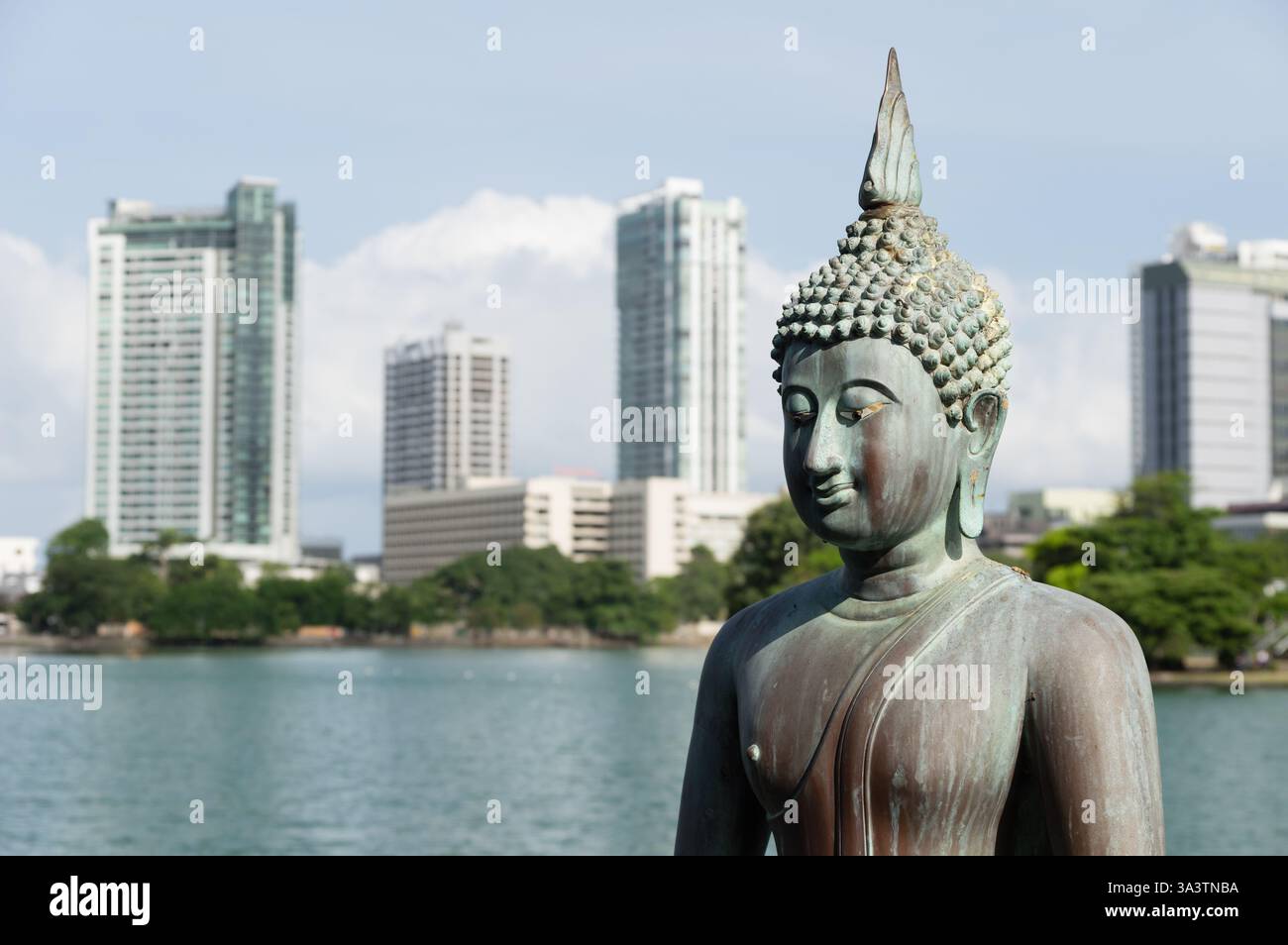 Gangaramaya temple Buddha statues with the city of Colombo in ...