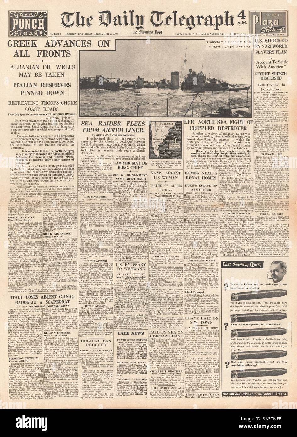 1940 front page Daily Telegraph Greek Forces advance on all fronts and ...