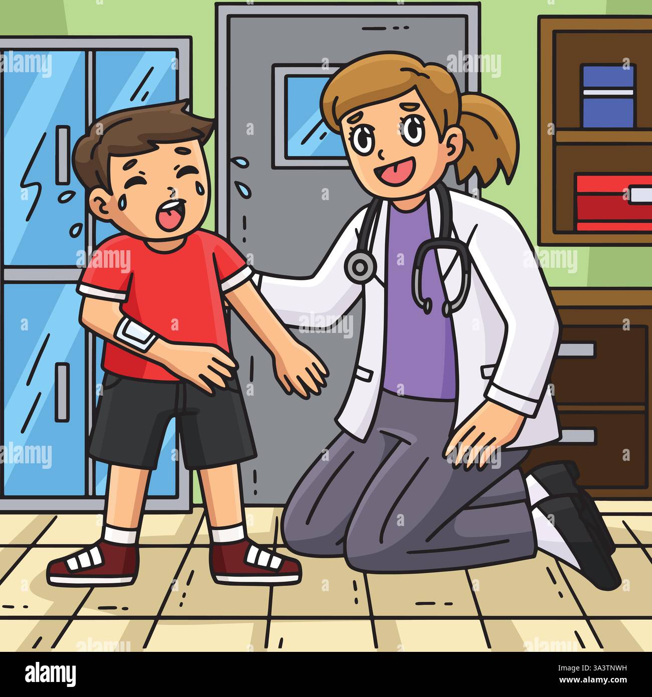 Female Doctor Comforting a Child Colored Cartoon Stock Vector Image ...