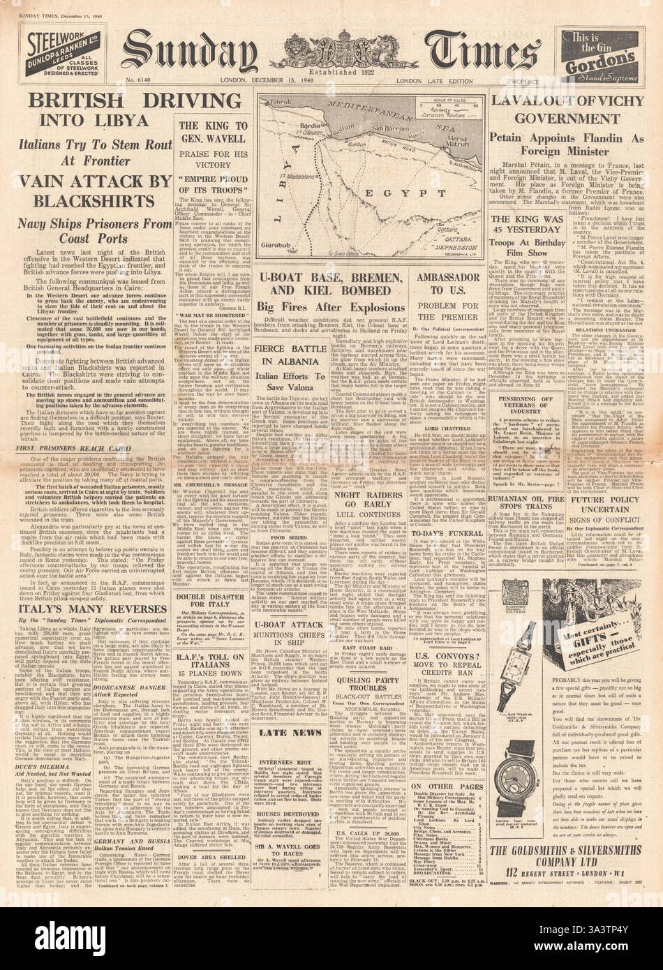 1940 front page Sunday Times British Army drive into Libya and RAF Bomb ...