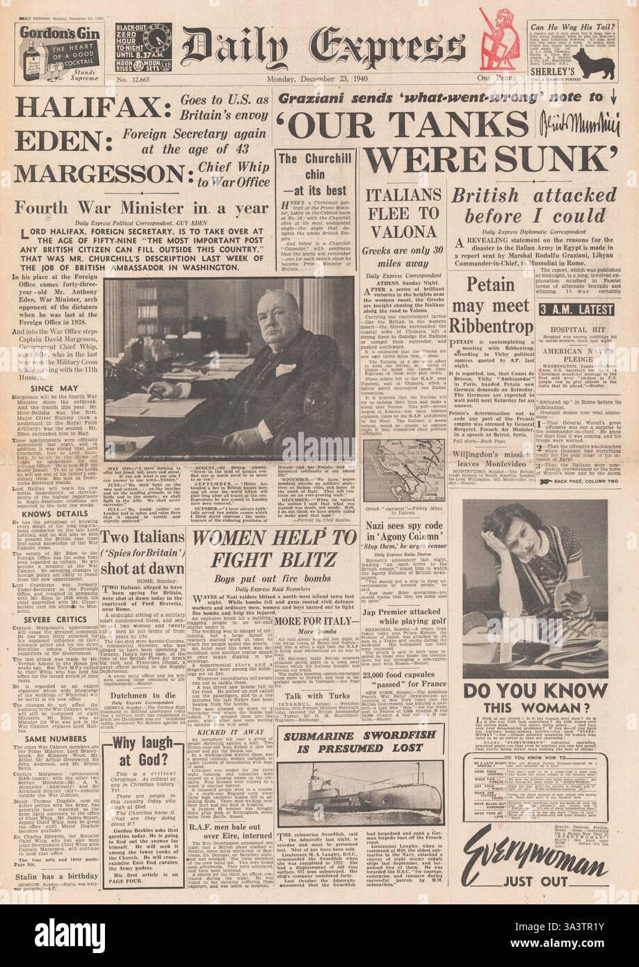 1940 front page Daily Express Cabinet reshuffle, David Margesson is the ...
