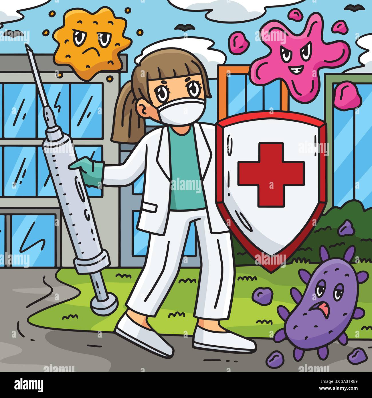 Female Doctor Holding Shield for Bacteria Colored Stock Vector Image ...