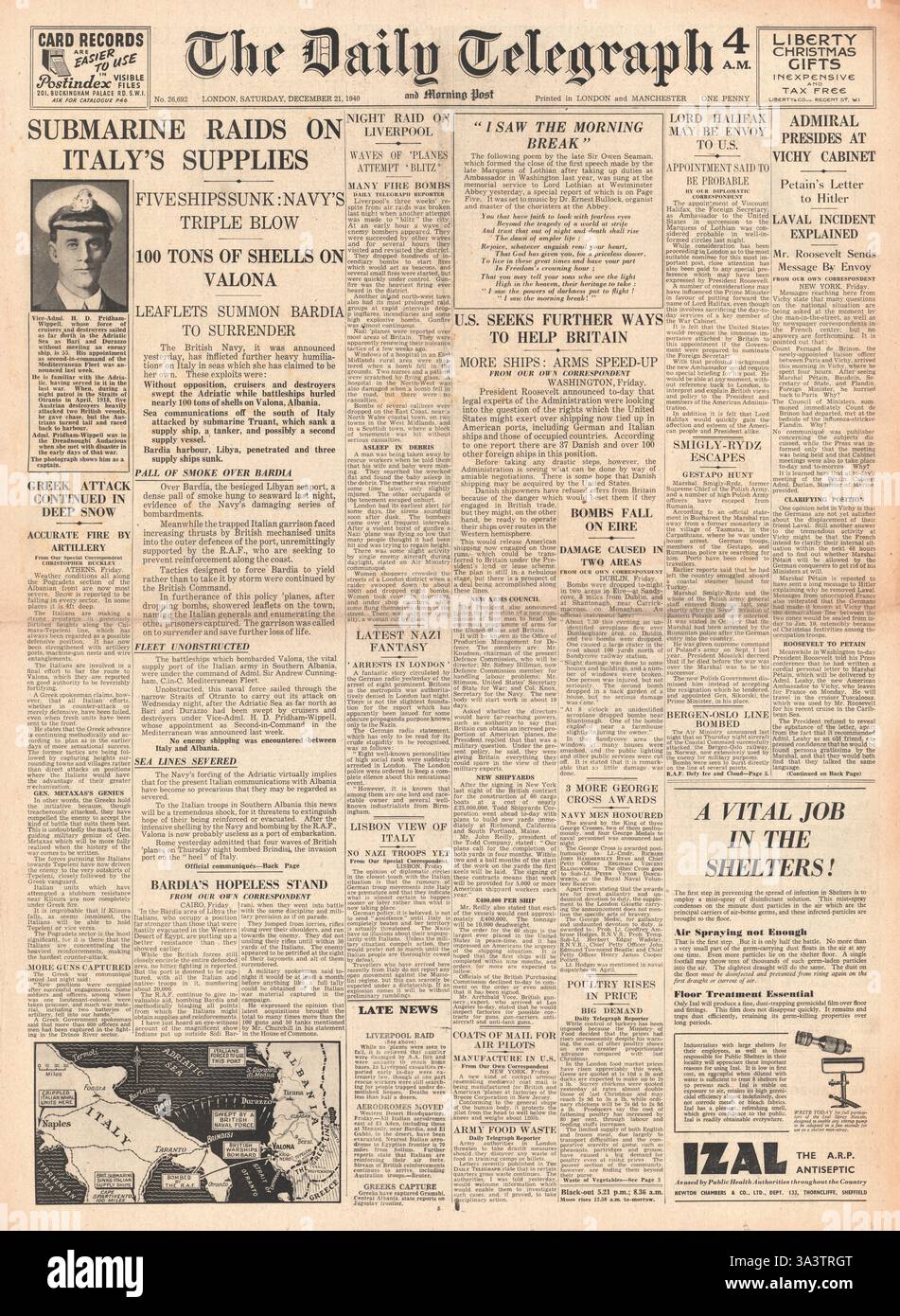 1940 front page Daily Telegraph Royal Navy warships and submarines ...