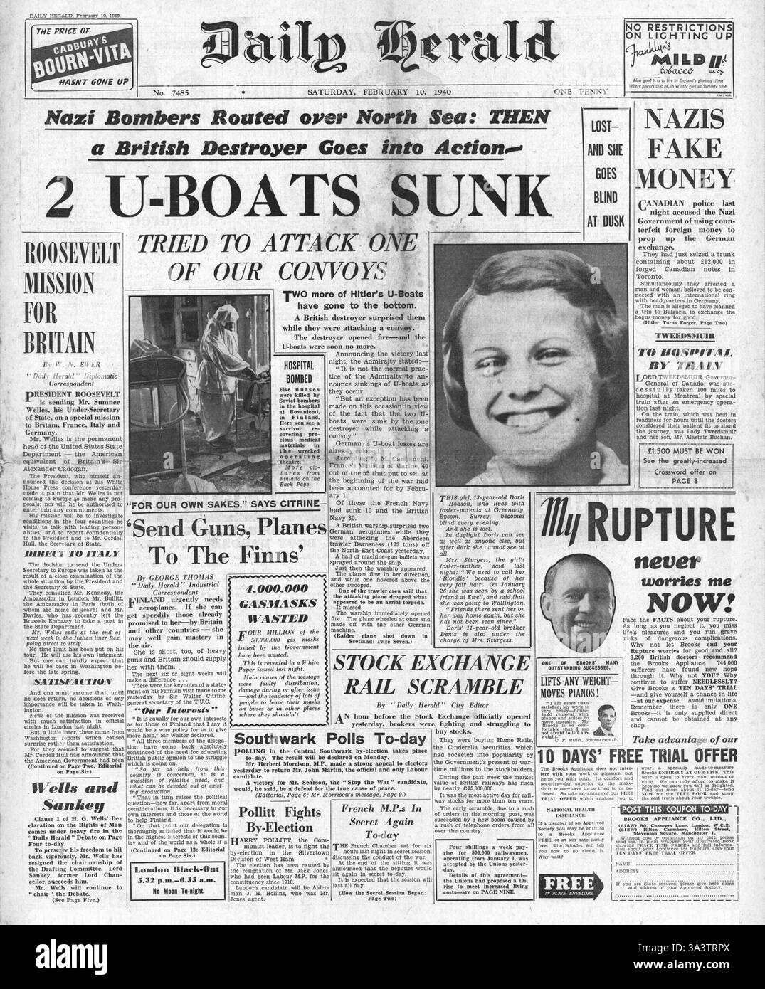 1940 front page Daily Herald Royal Navy destroyer sinks two German U ...