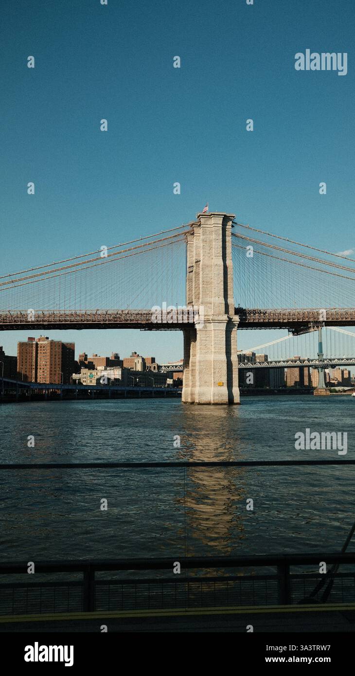 A stunning view of the Brooklyn Bridge captured on a bright, cloudless ...