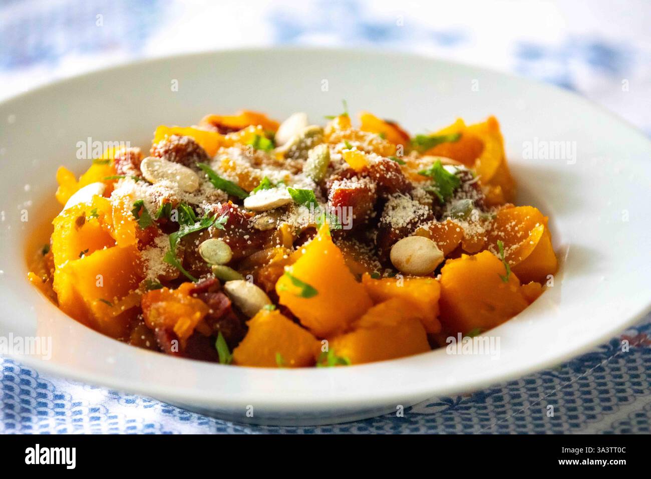 Traditional dried meat with pumpkin known in Brazil as jabá com jerimum ...