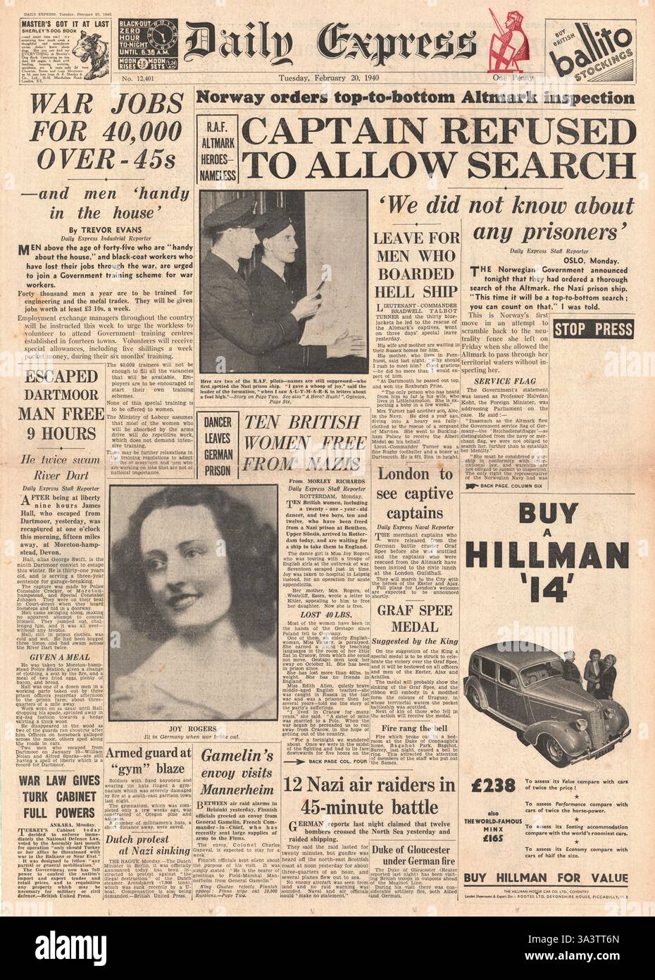 1940 daily express norway orders inspection of the altmark hi-res stock ...