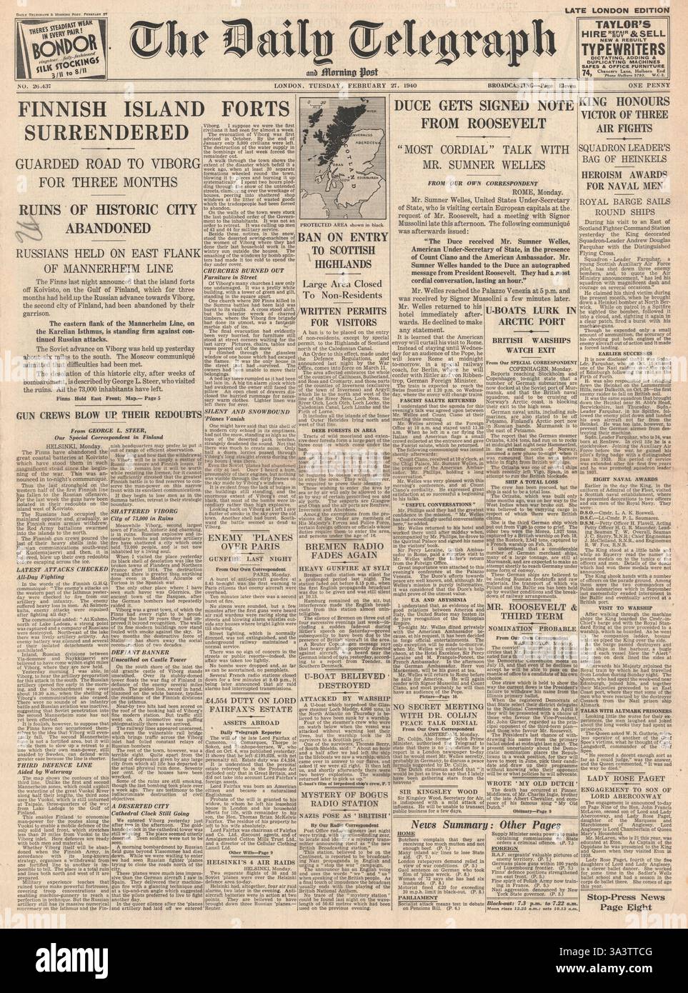 1940 front page Daily Telegraph Koivisto Island falls to Russian Forces ...