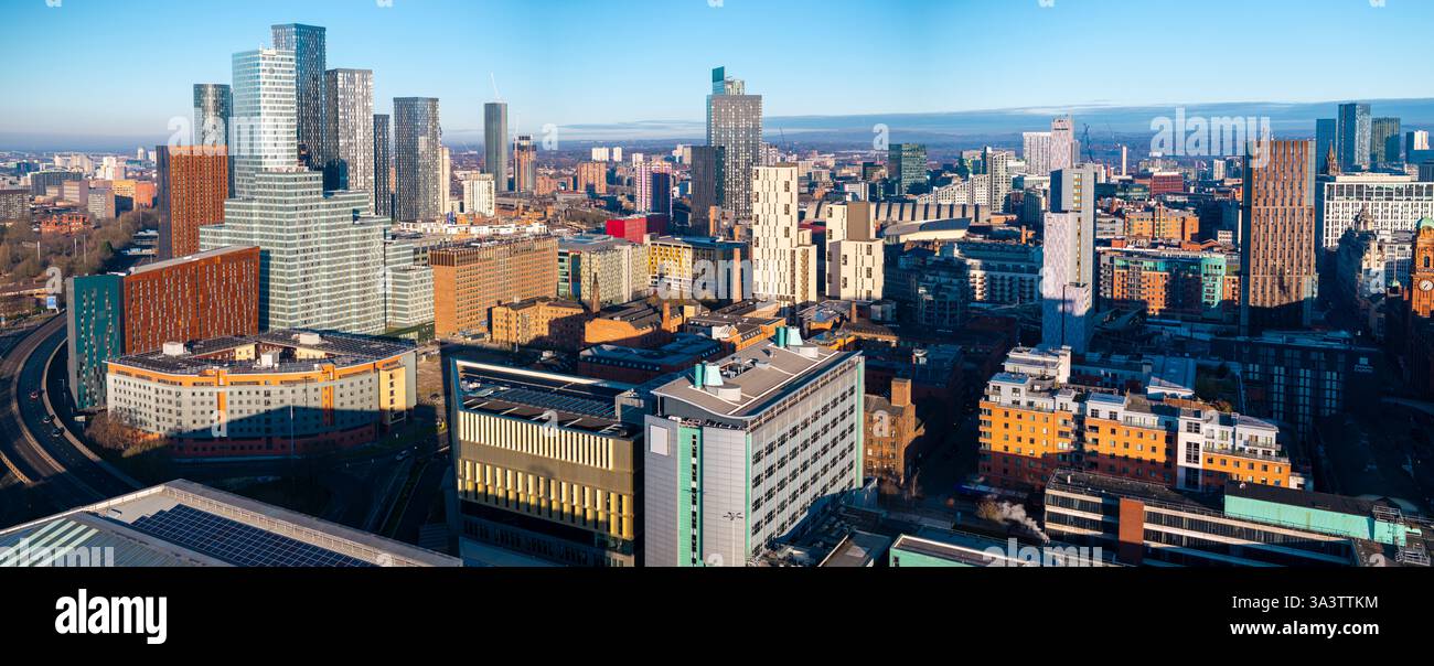 Panoramic image of Manchester skyline over Mancunain Way Stock Photo ...