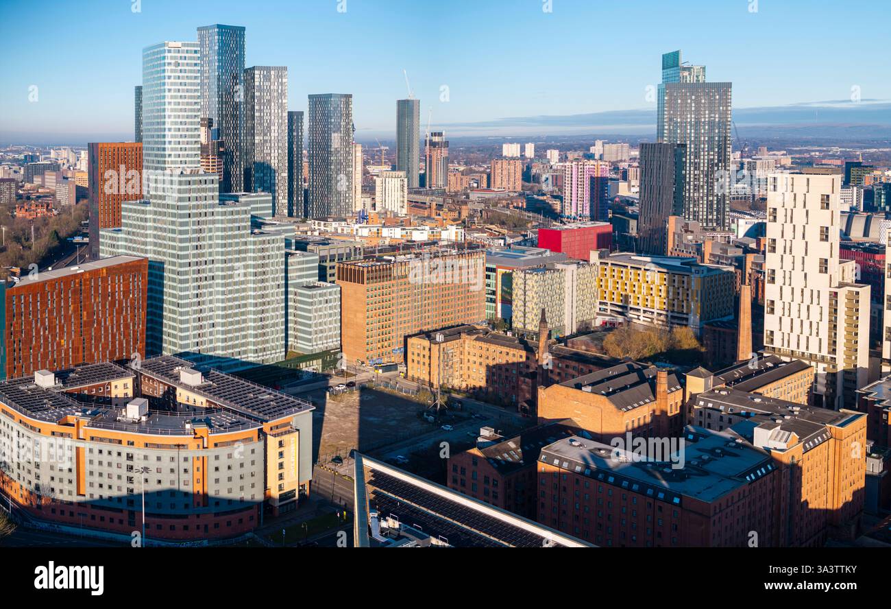 Panoramic image of Manchester skyline over Mancunain Way Stock Photo ...