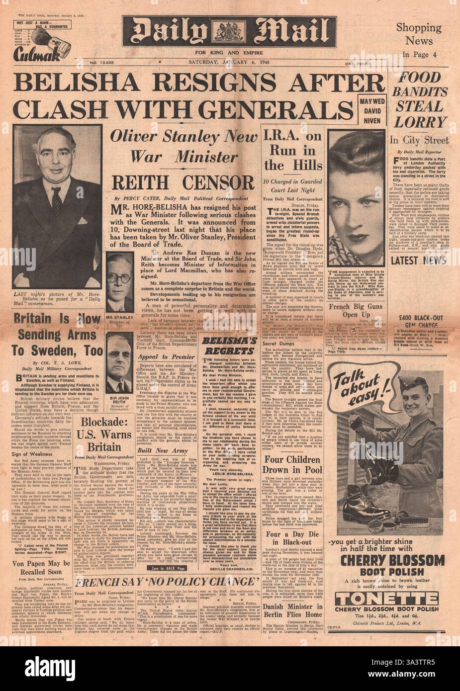 1940 Front Page Daily Mail Leslie Hore-Belisha resigns from the British ...