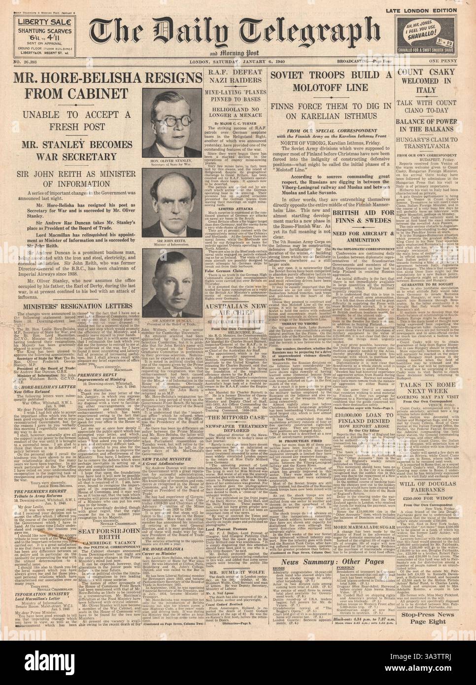 1940 Front Page Daily Telegraph Leslie Hore-Belisha resigns from the ...
