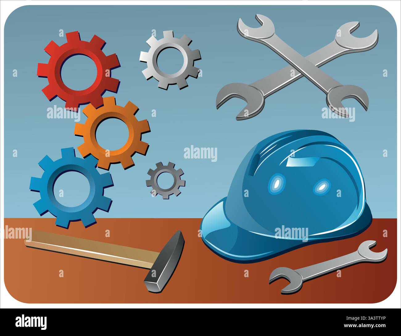 Hammer, wrenches, helmet and colorful gears lying on a table symbolize ...