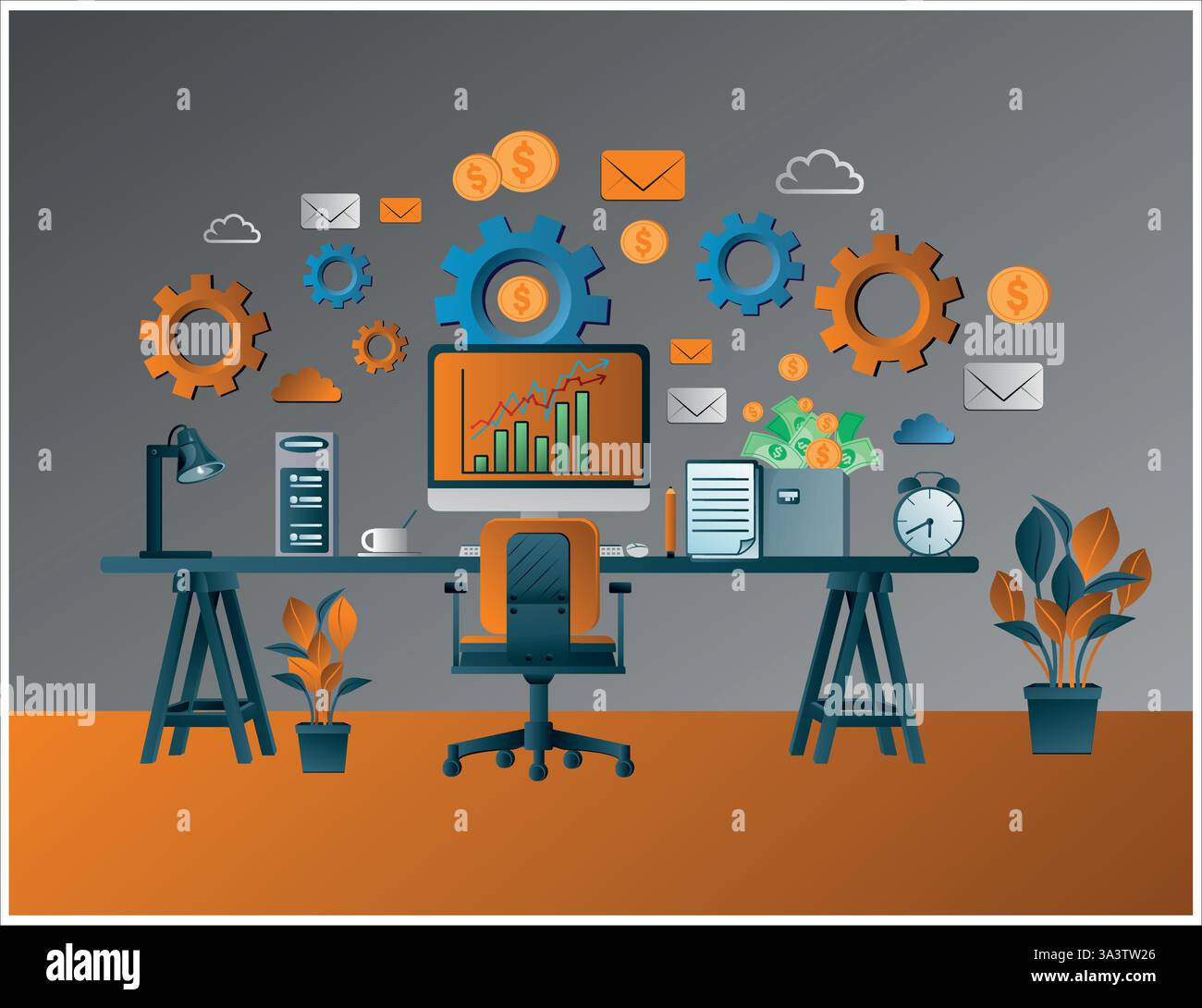 Office desk with computer showing growing bar chart, money, gears and ...