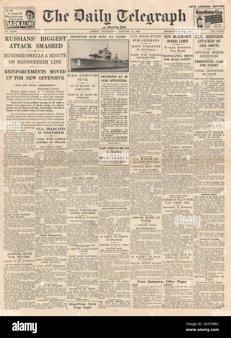 1940 daily telegraph destroyer hms exmouth sunk by u boat hi-res stock ...
