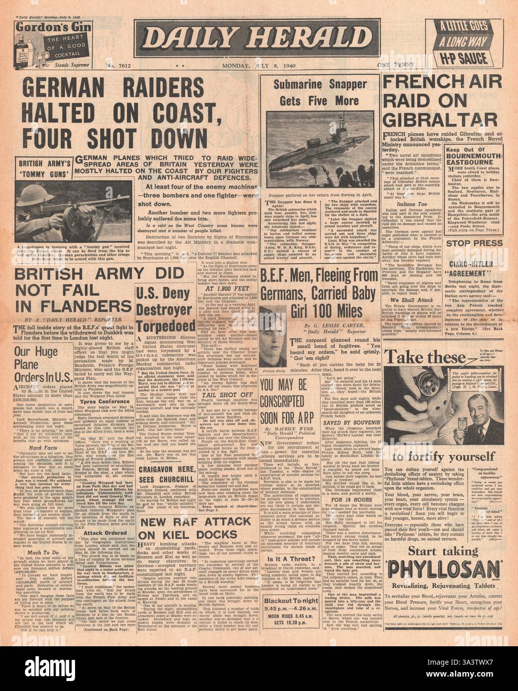 1940 front page Daily Herald Royal Navy and RAF upset Hitler's plans ...