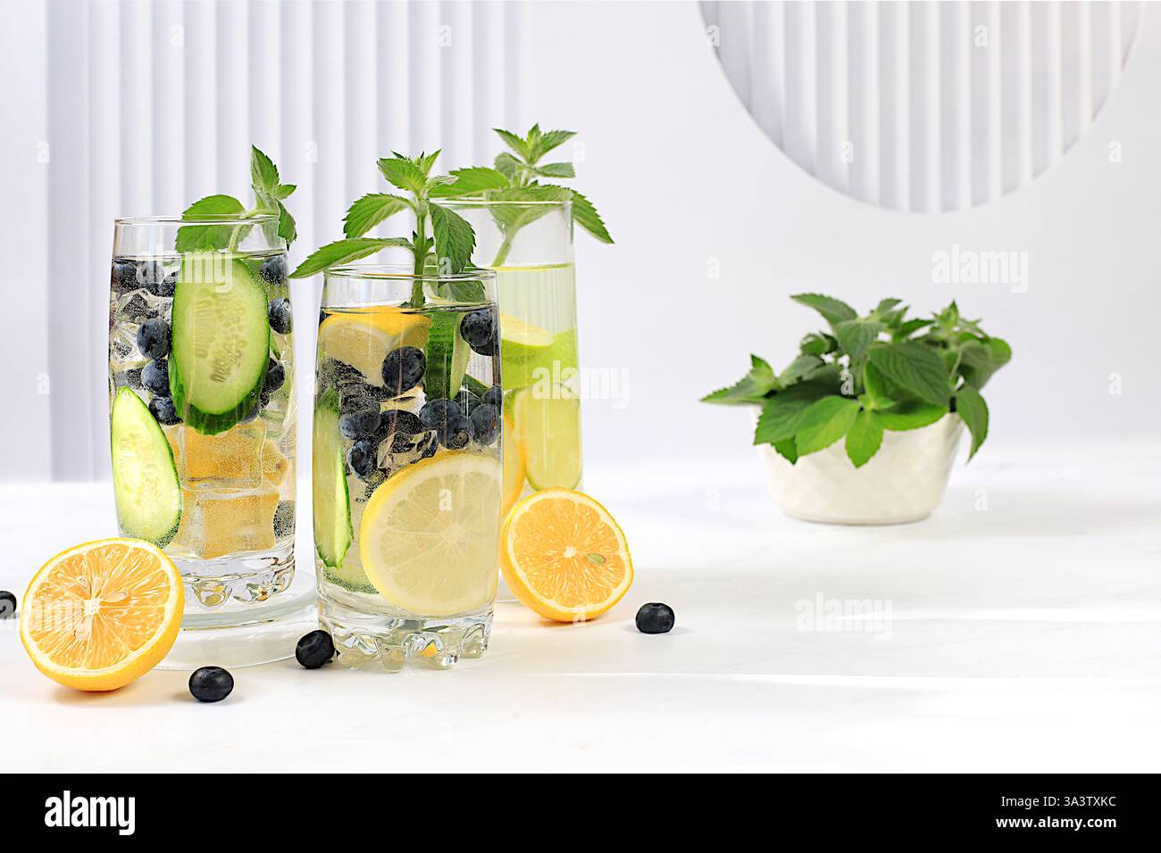 Detox diet and summer party concept. Cold homemade lemonade or cocktail ...