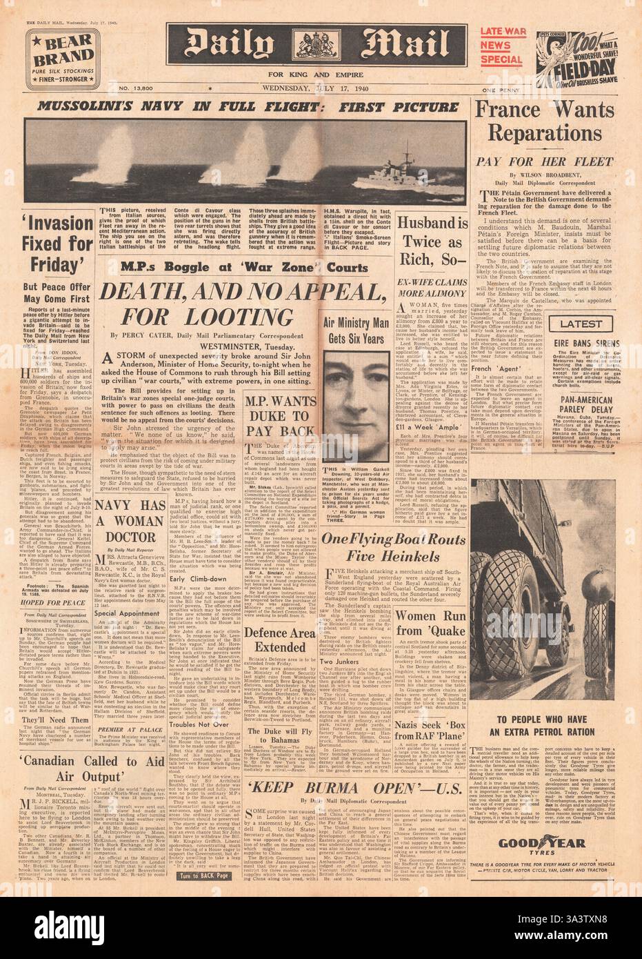 1940 front page Daily Mail Battle of Britain and Government asks for ...