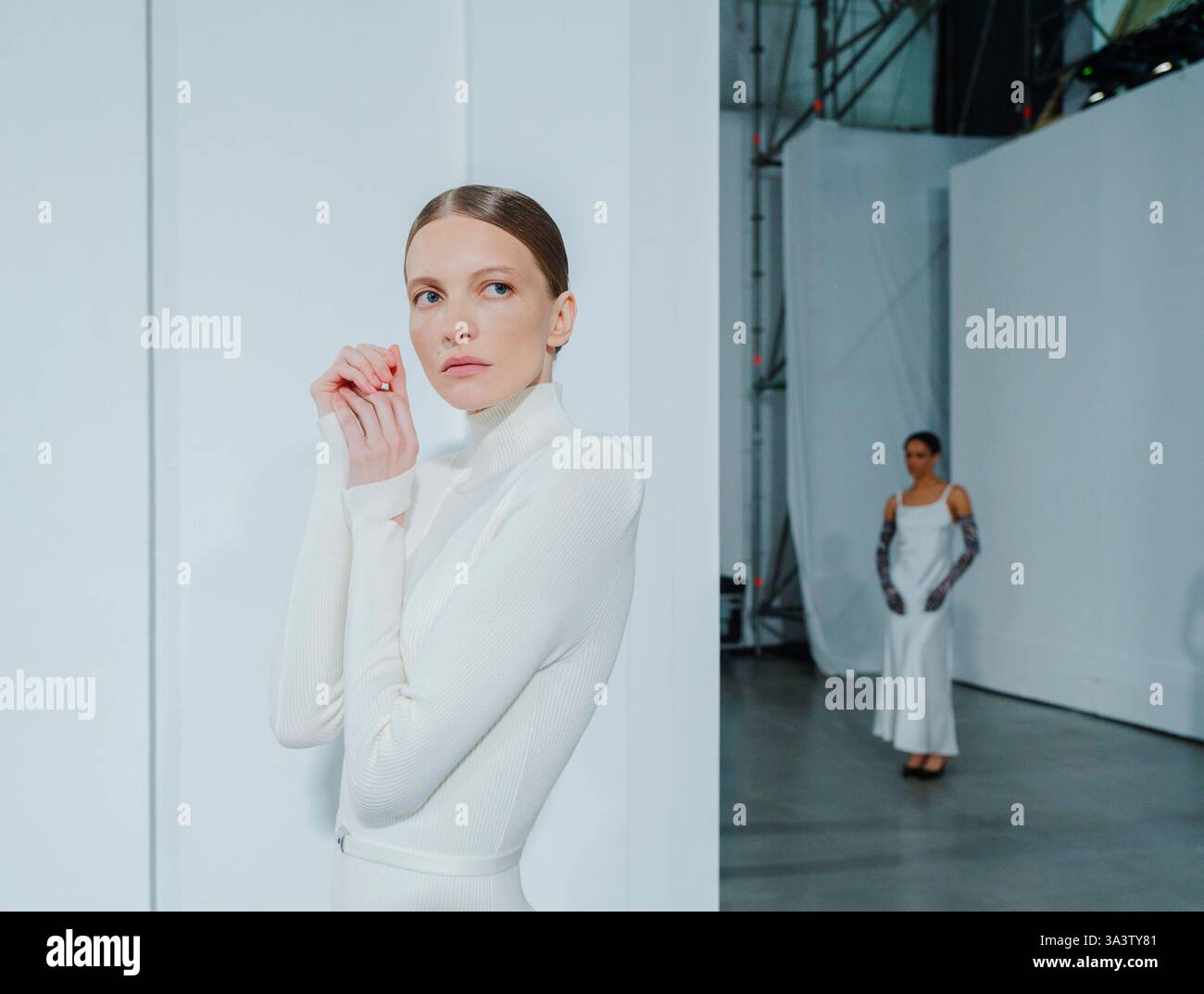 Kyiv, Ukraine - Feb 14, 2025: A model elegantly poses backstage at the ...