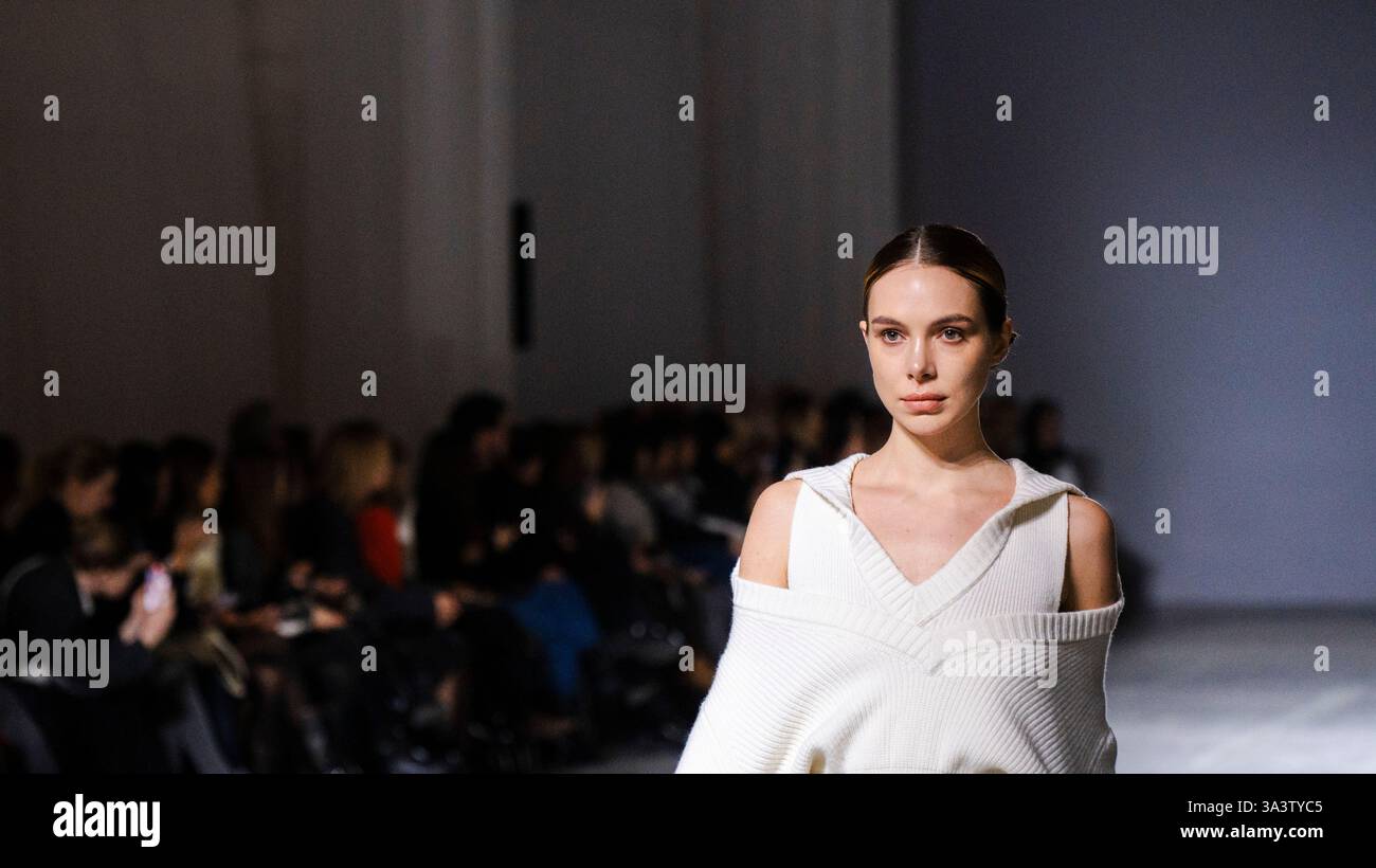 Kyiv, Ukraine - Feb 14, 2025: Models walk the runway in unique, modern ...
