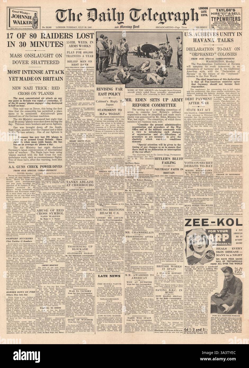 1940 front page Daily Telegraph Battle of Britain and War minister ...