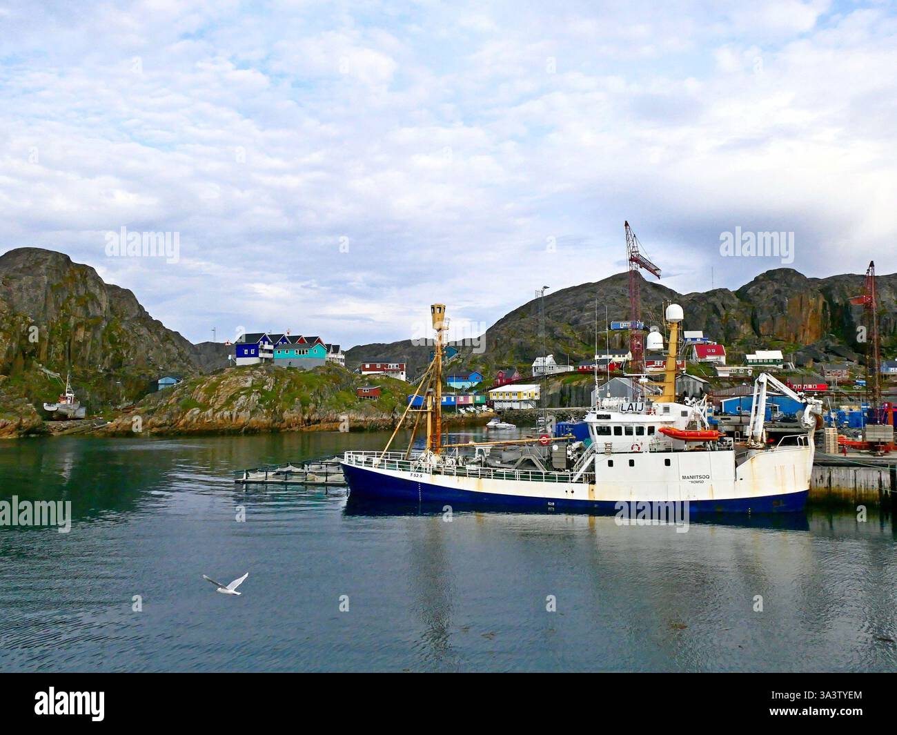Scenic view of Maniitsoq fishing port with boats and colorful Inuit ...