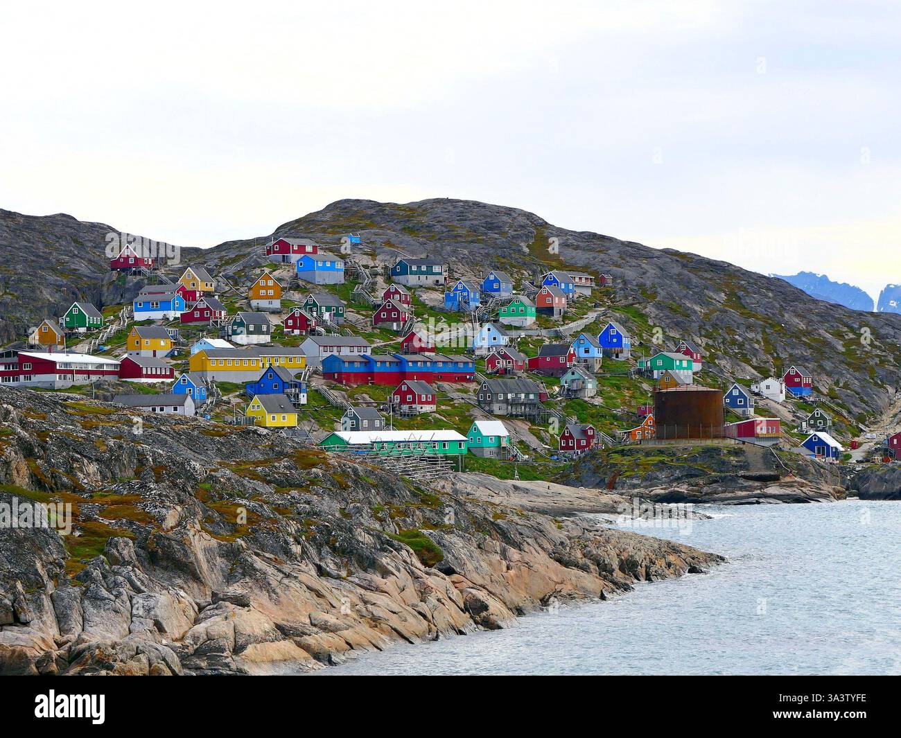 View of buildings of typical Greenlandic architecture in the Arctic ...