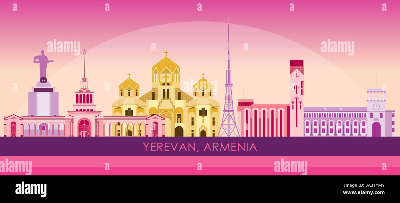 Sunset Skyline panorama of city of Yerevan, Armenia - vector ...