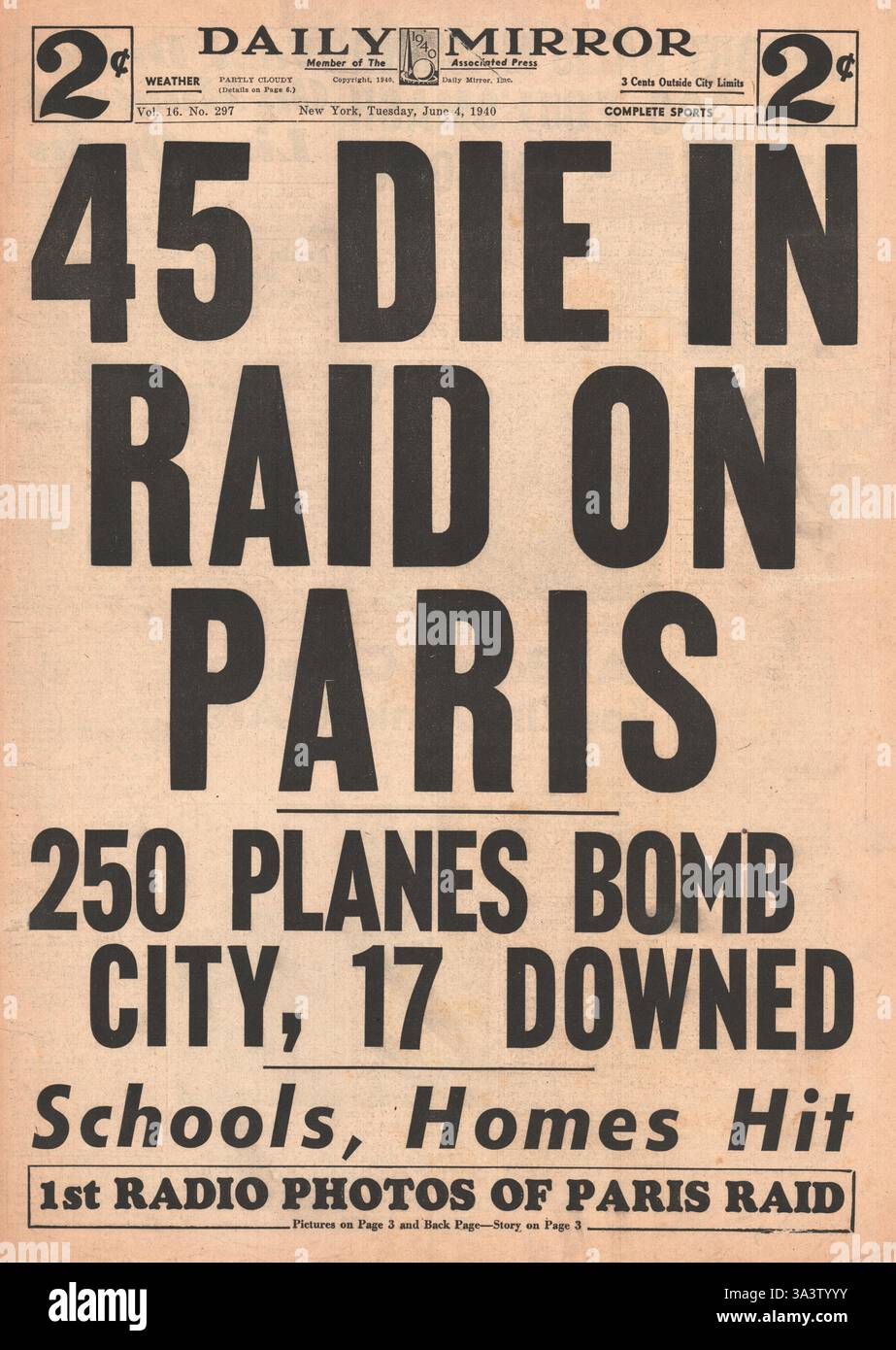 1940 front page New York Daily Mirror German bombing raid on Paris ...