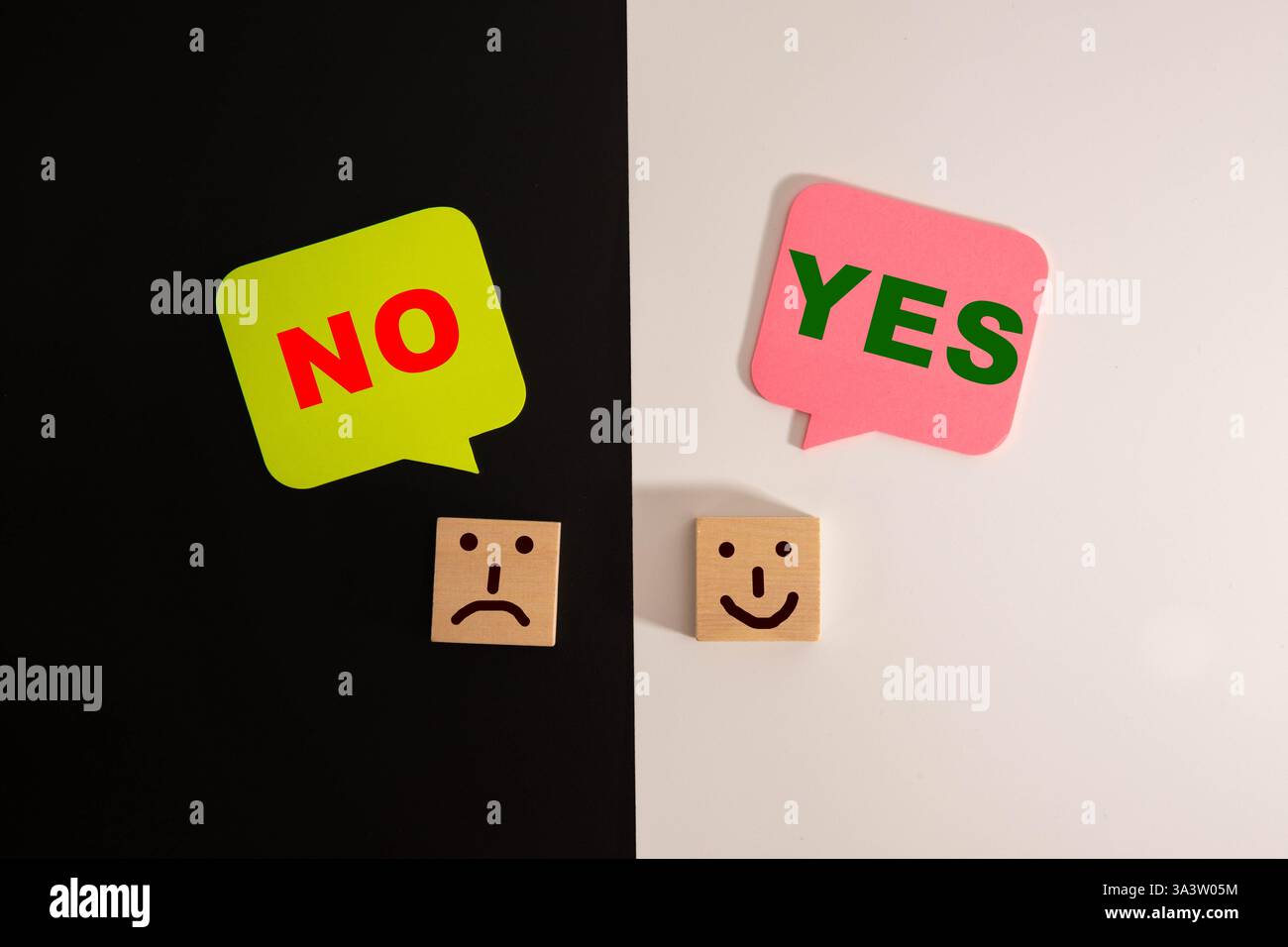 Yes and no word and happy and sad face on yellow sticky papers on a ...