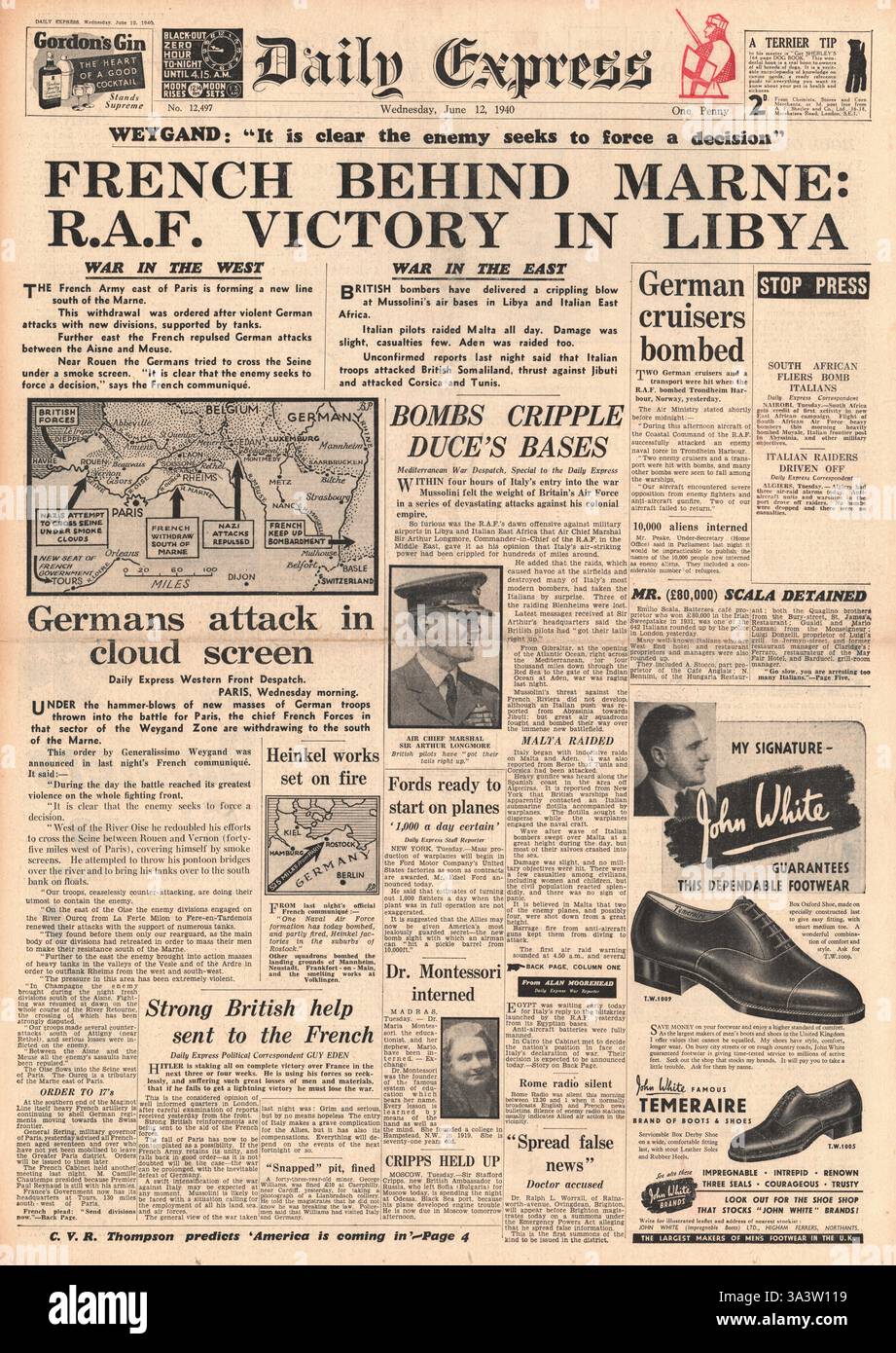 1940 Daily Express front page German forces held 35 miles from Paris ...