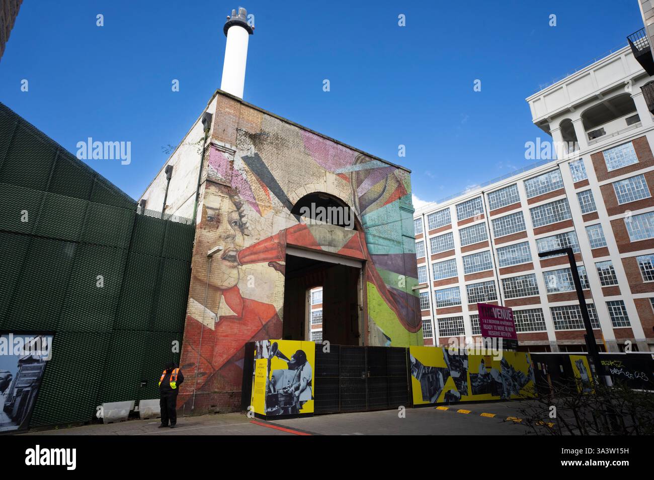 Graffiti mural on a building at the The Old Vinyl Factory Festival ...