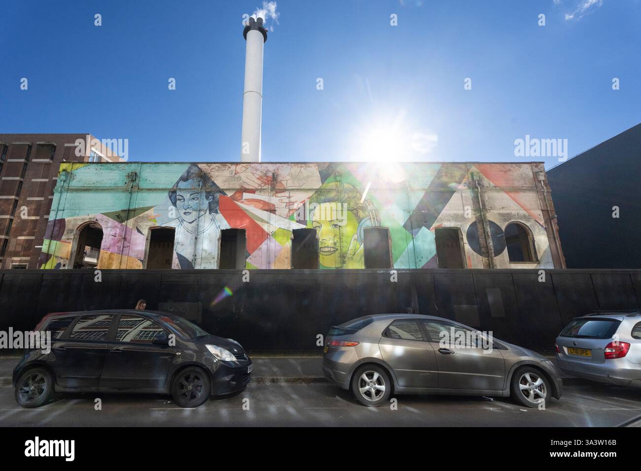 Graffiti mural on a building facade, The Old Vinyl Factory Festival ...