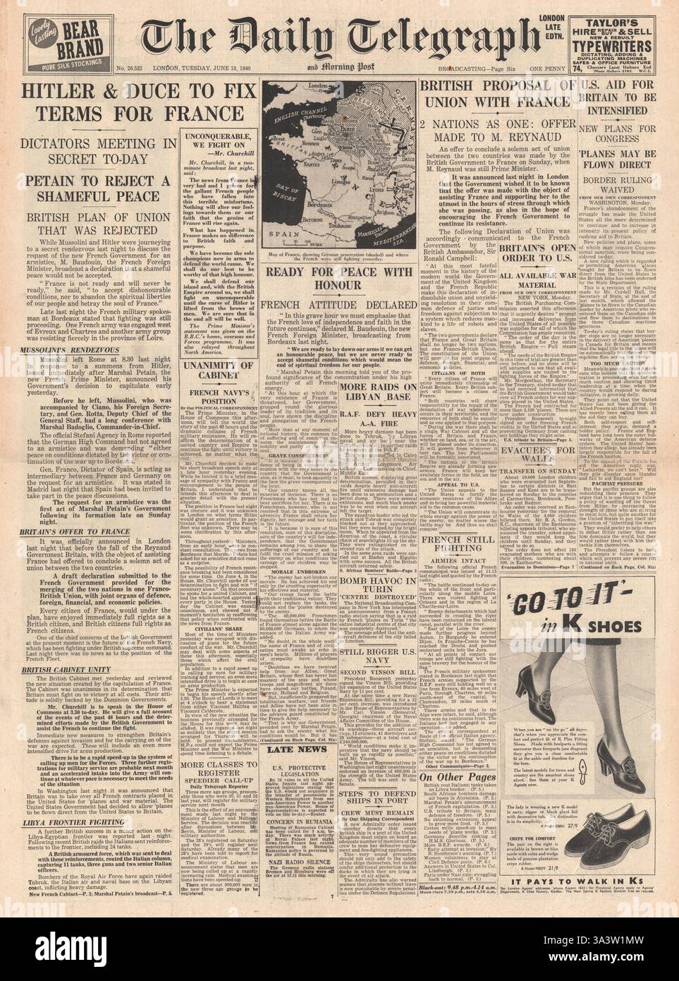1940 front page Daily Telegraph Adolf Hitler and Benito Mussolini meet ...