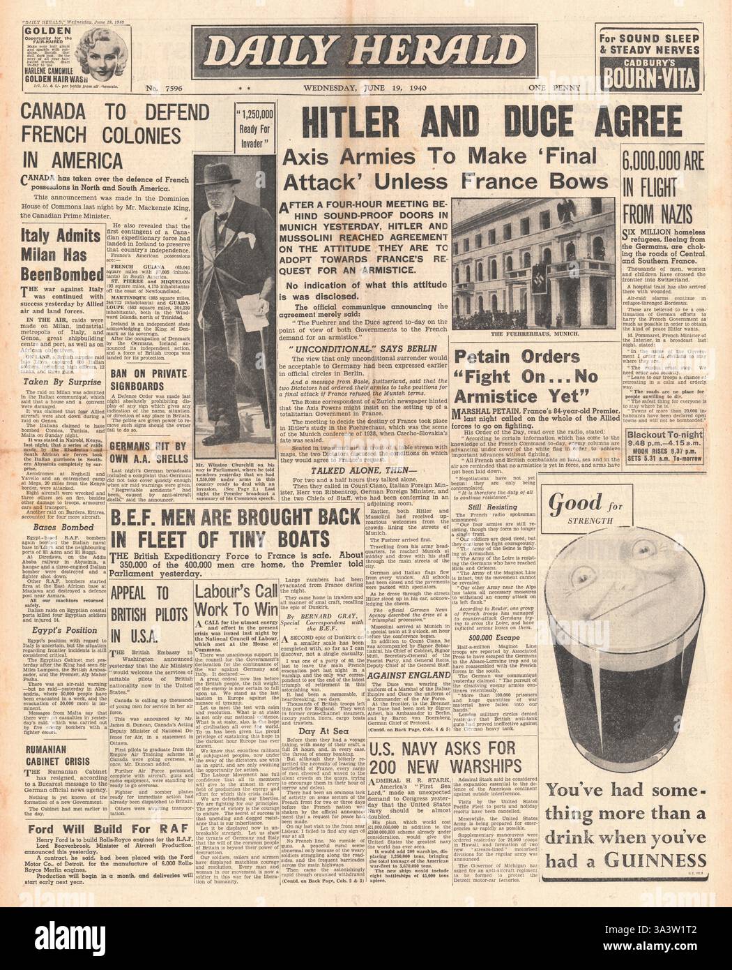 1940 front page Daily Herald Hitler and Mussolini meet in Munich Stock ...
