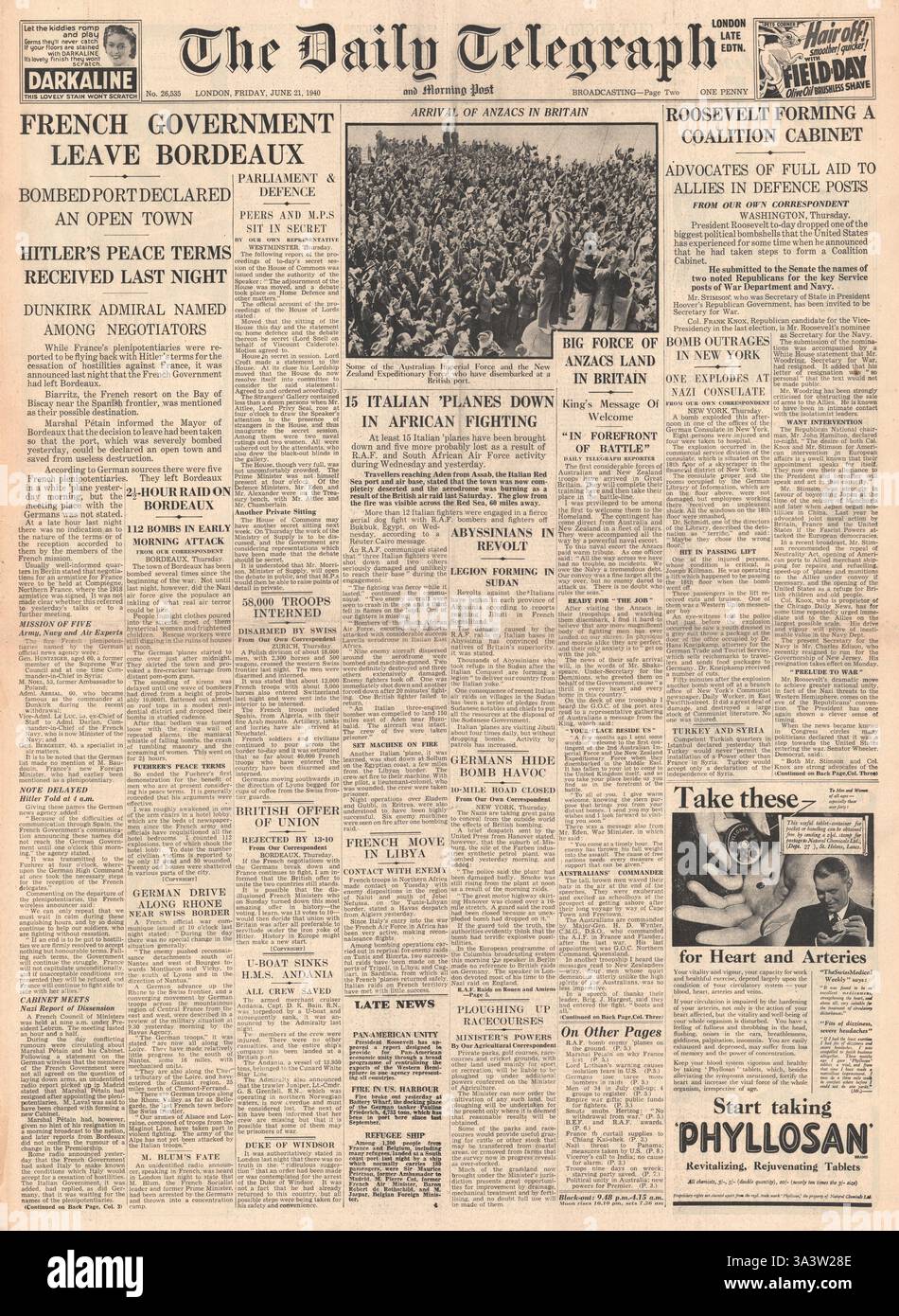 1940 daily telegraph french government moves south hi-res stock ...