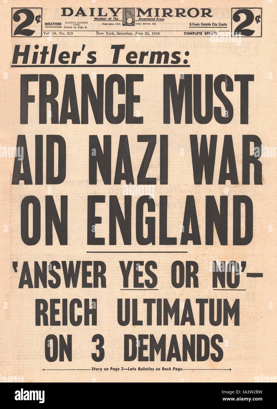 1940 new york daily mirror france must help german war hi-res stock ...