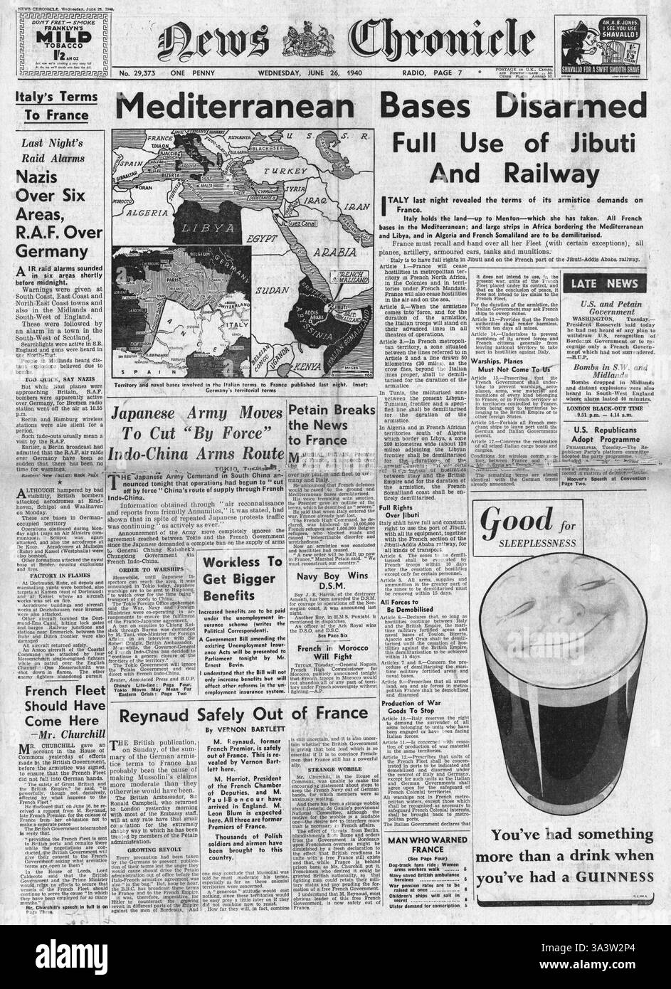 1940 front page News Chronicle Italy gains French Naval base at Jibuti ...