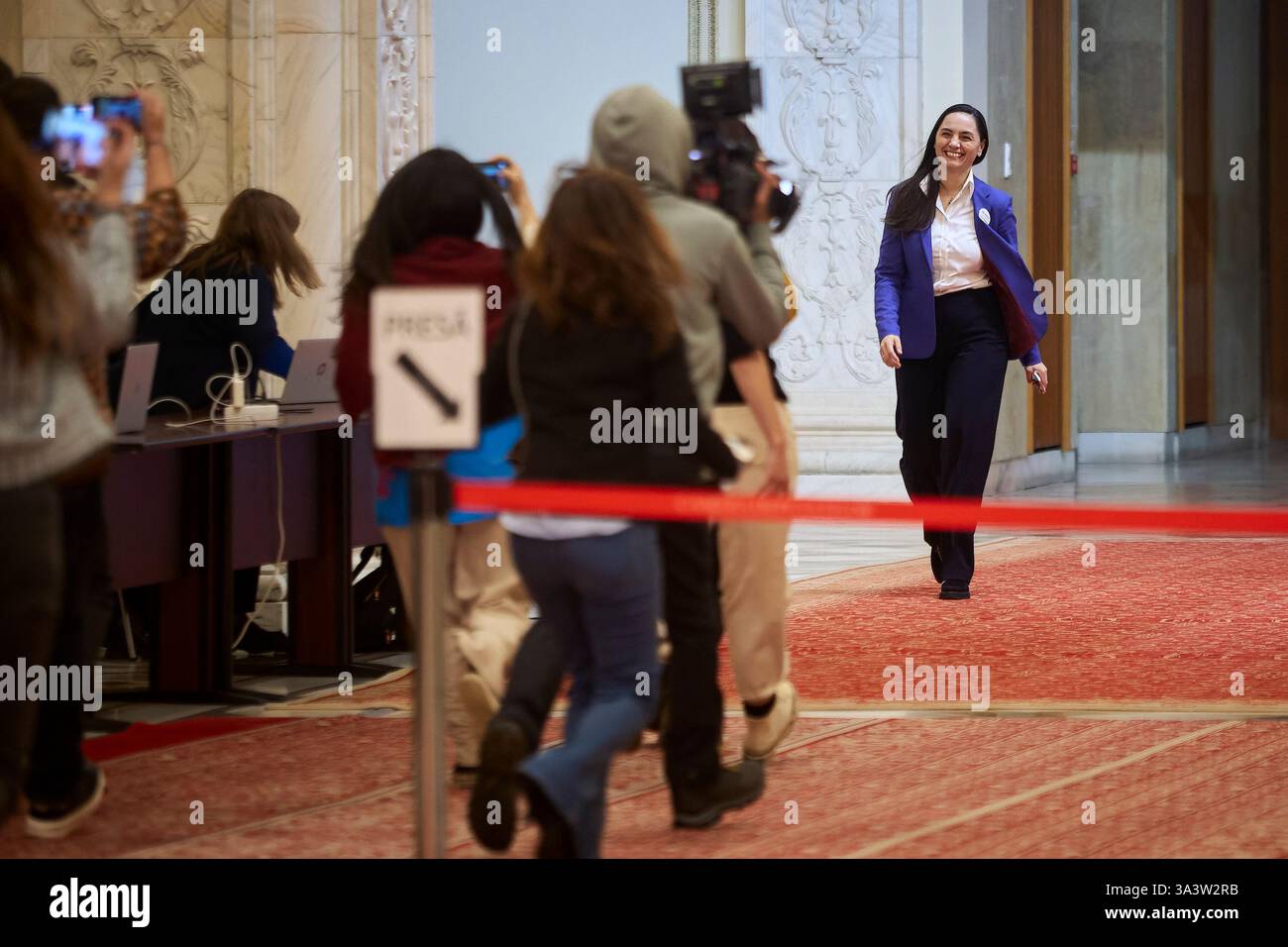 Bucharest, Romania. 17th Mar, 2025: Journalists try to get statements ...