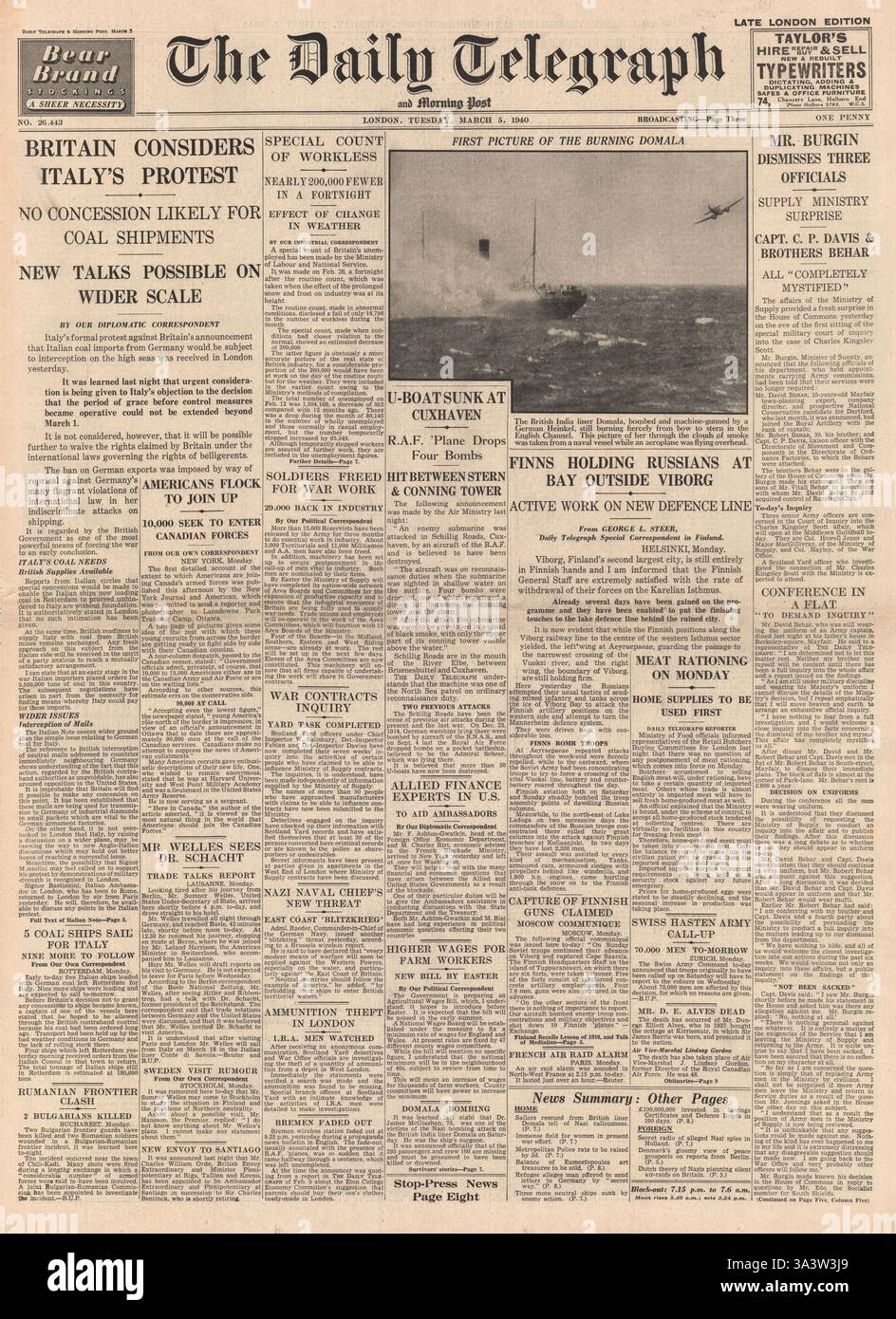 1940 front page Daily telegraph British Liner Domala attacked in ...