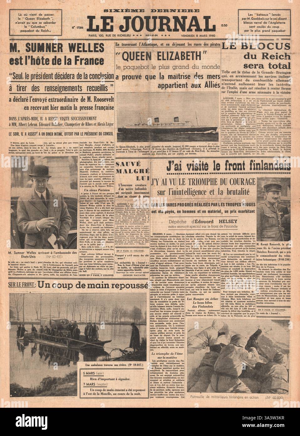 1940 front page Le Journal (France) Liner Queen Elizabeth crosses ...