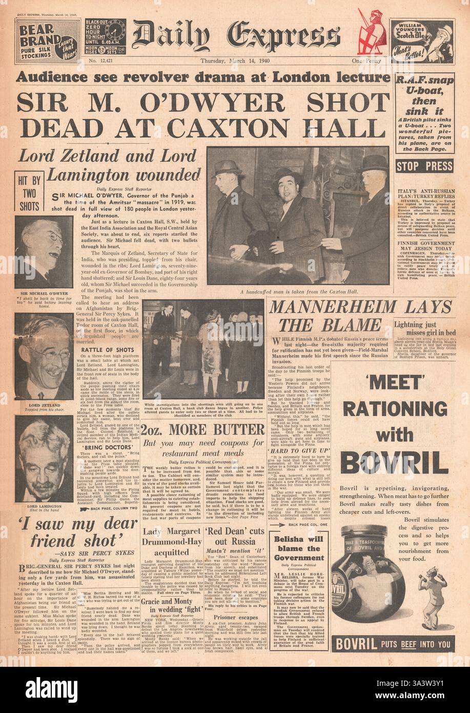 1940 front page Daily Express Assassination of former Govenor General ...