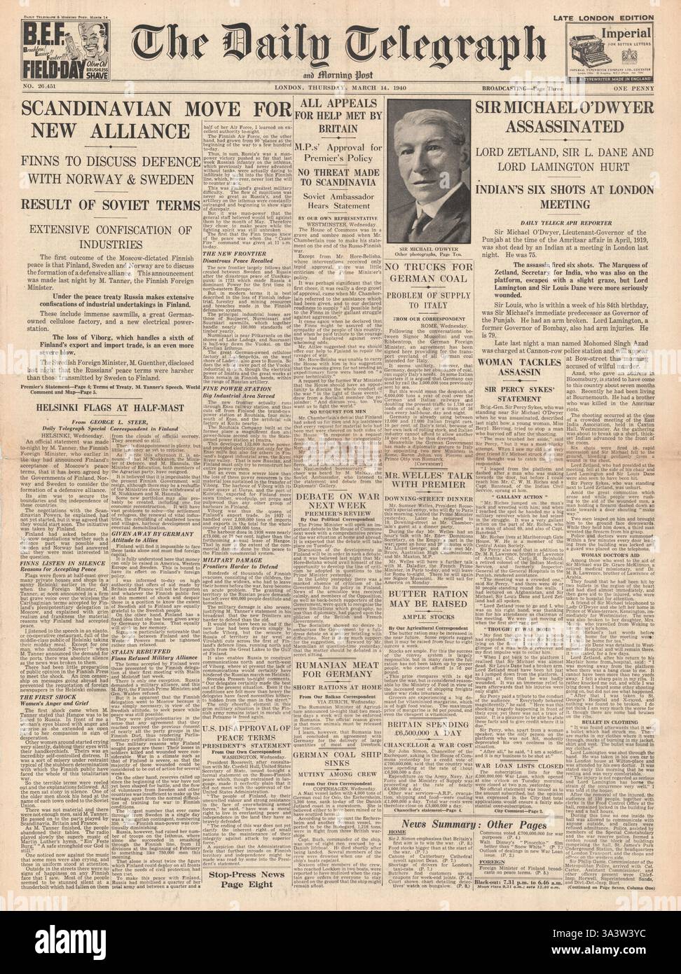 1940 front page Daily Telegraph Assassination of former Govenor General ...