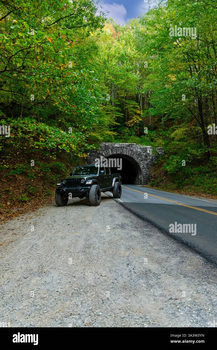Jeep Gladiator parked in front of a tunnel on the Blue Ridge Highway in ...
