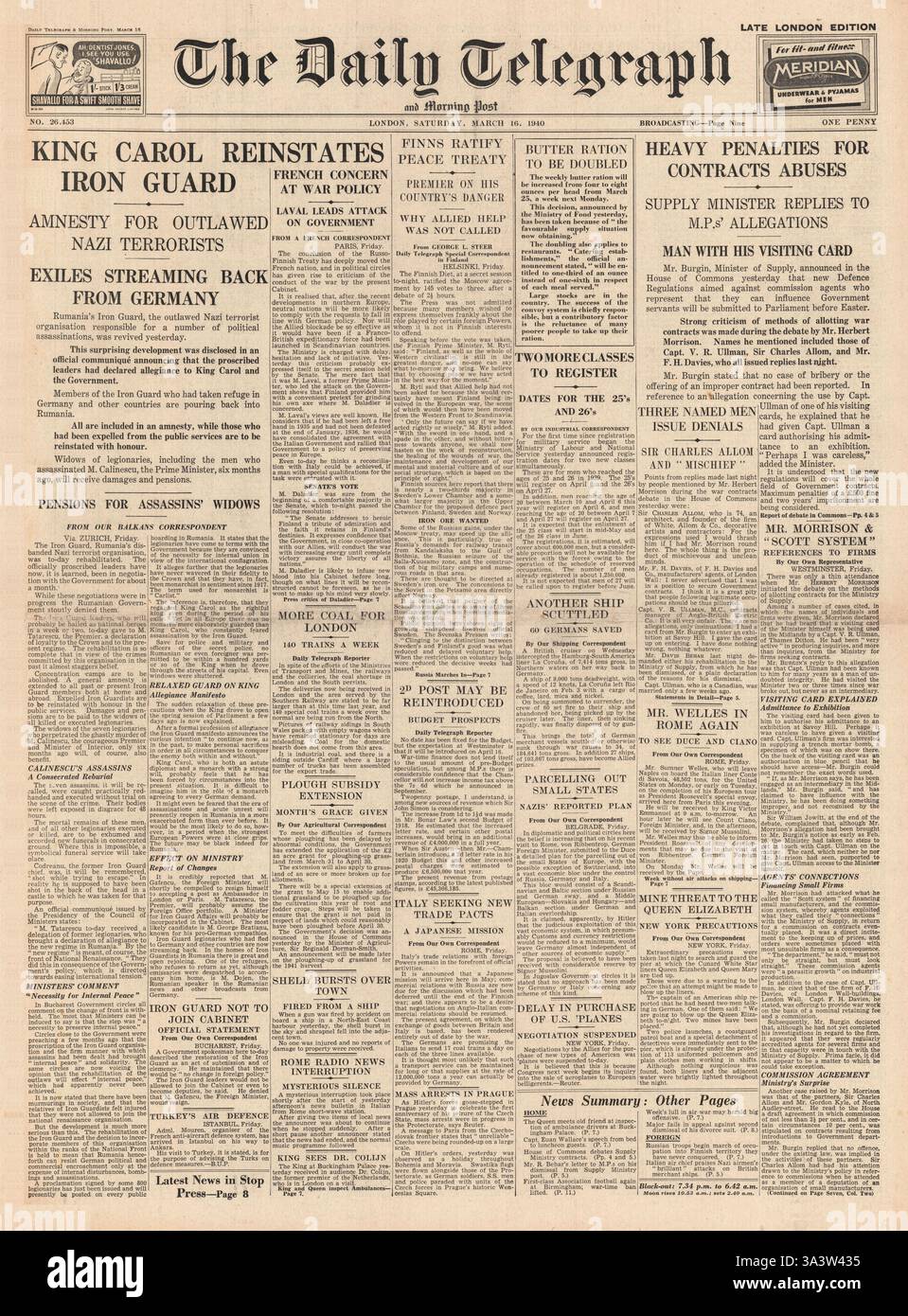 1940 daily telegraph king carol re instates the iron guard hi-res stock ...