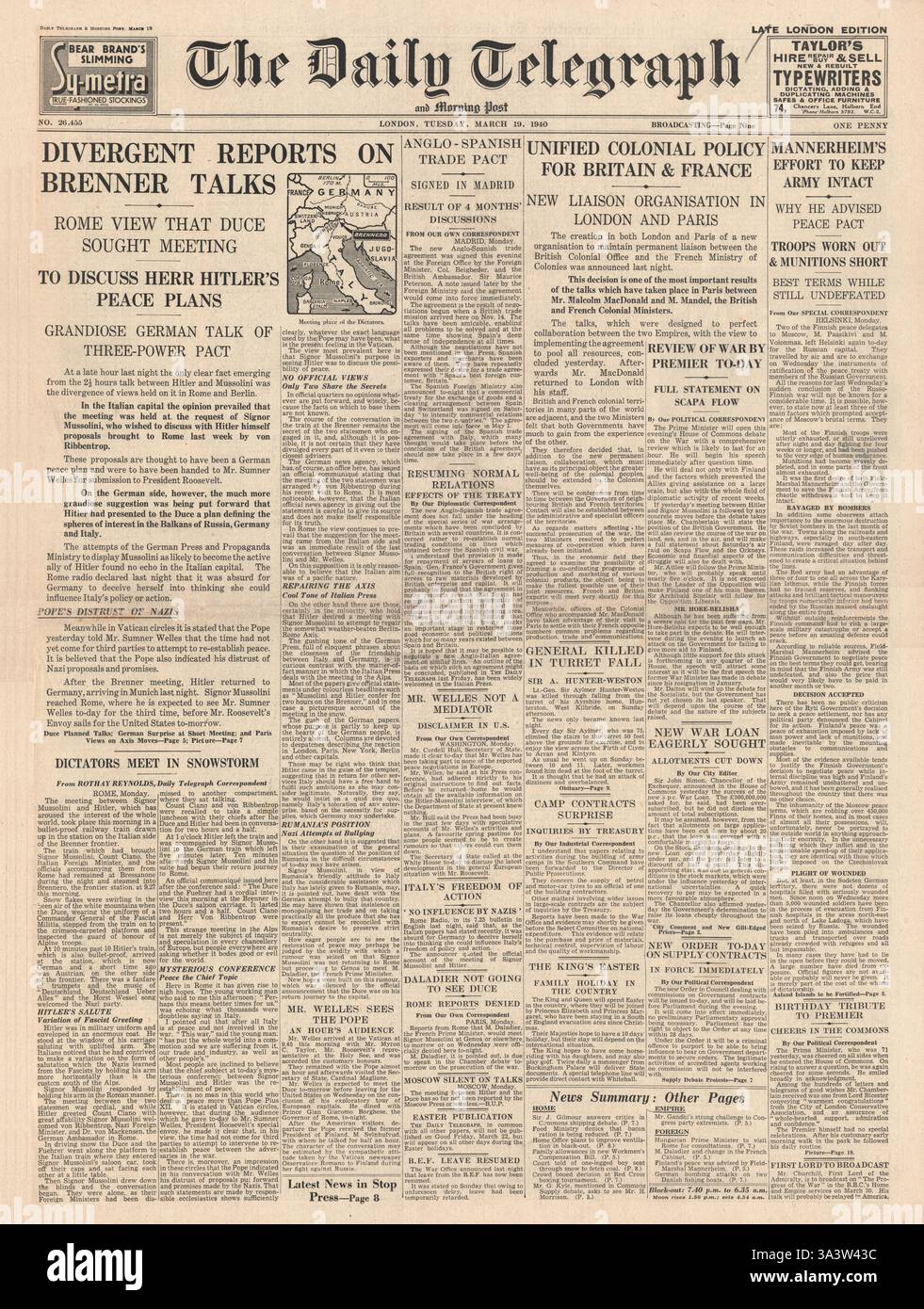 1940 daily telegraph hitler and mussolini agree on peace plan hi-res ...