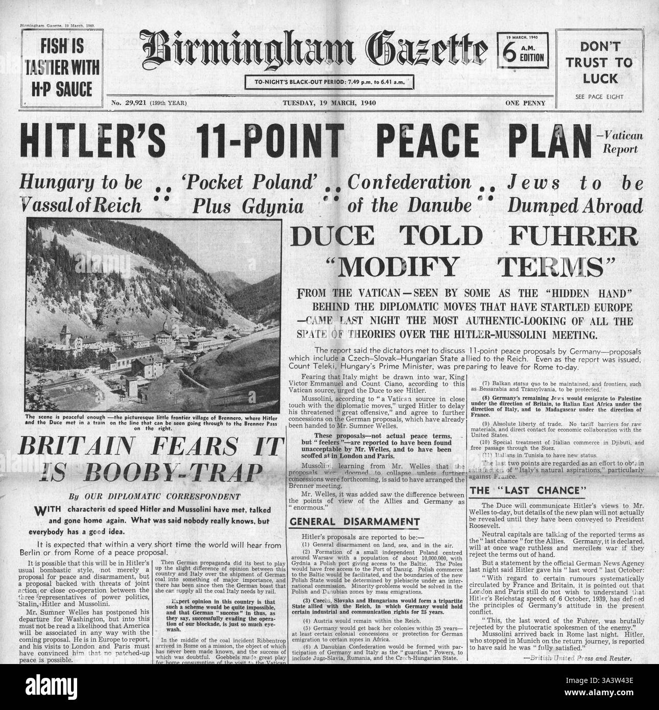 1940 front page Birmingham Gazette Hitler and Mussolini Agree on peace ...