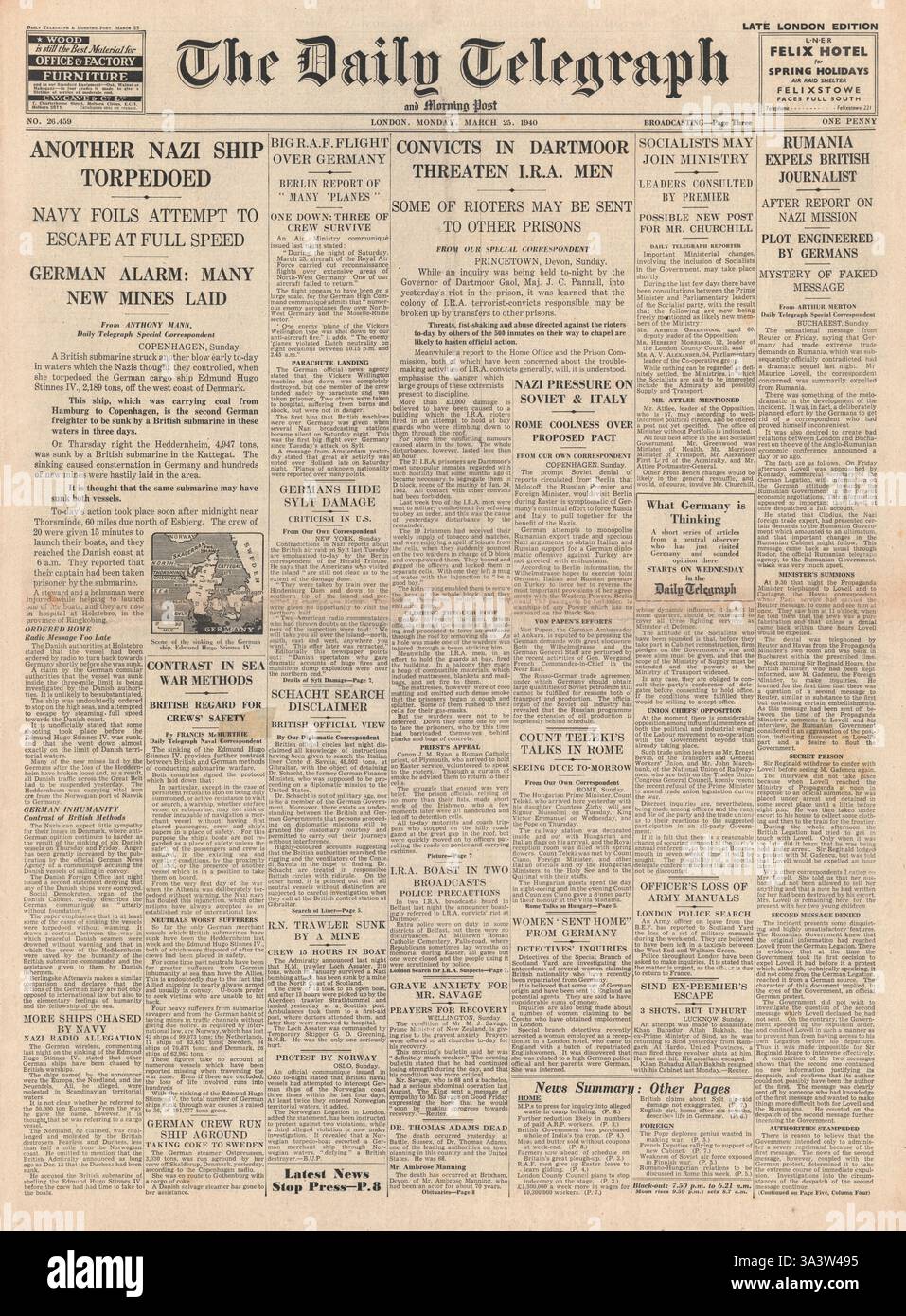 1940 front page Daily Telegraph British Submarine HMS Truant sinks ...
