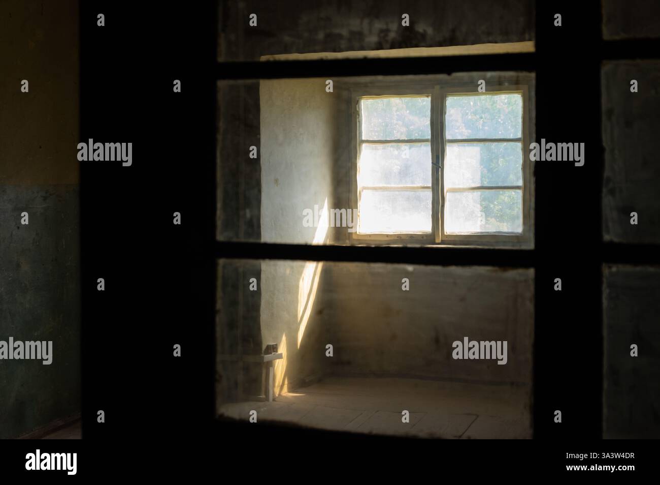 Sunlight entering a dark spooky room through filthy windows in an ...