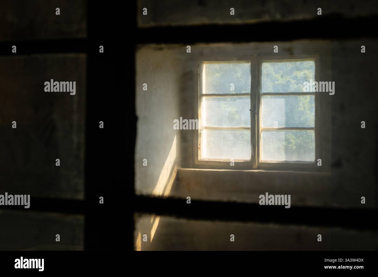 Sunlight entering a dark spooky room through filthy windows in an ...